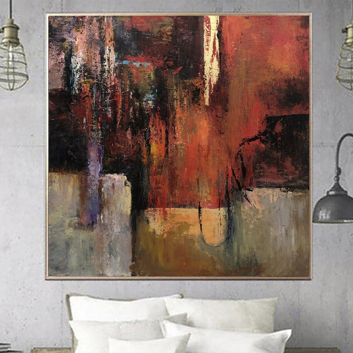 Red Abstract Oil Painting Wall Art Orange Colorful Artwork Large ...